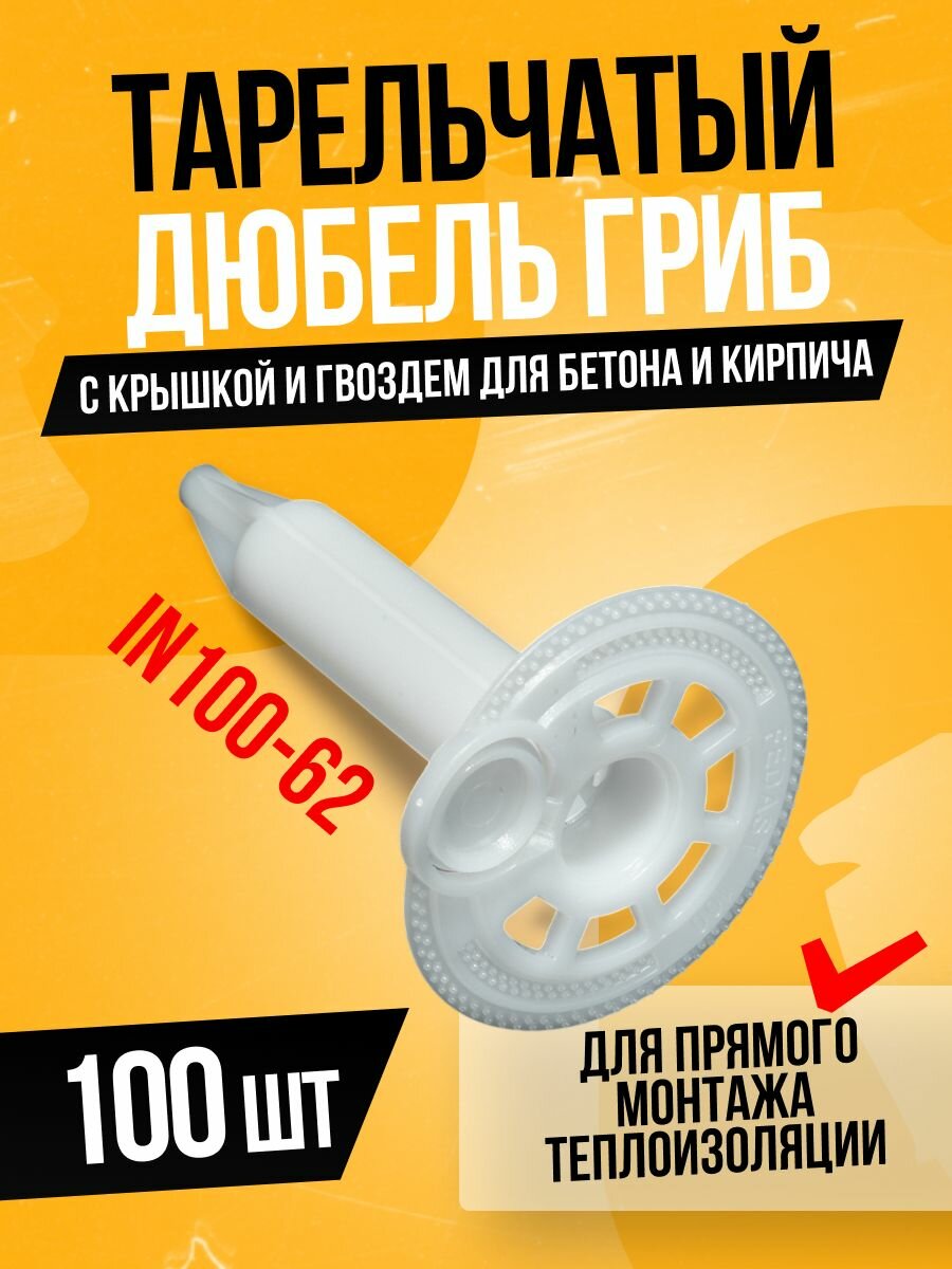 Тарельчатый дюбель гриб 100 мм с крышкой и гвоздем для бетона и кирпича IN100-62 (100 шт/уп) FEDAST