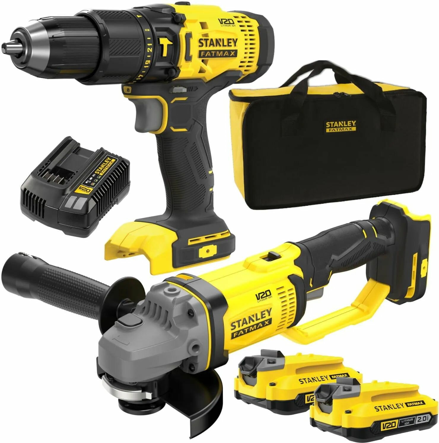 Набор Stanley SFMCK471D2S: шуруповерт , угловая шлифмашина, 2x2Ah, зарядка, сумка
