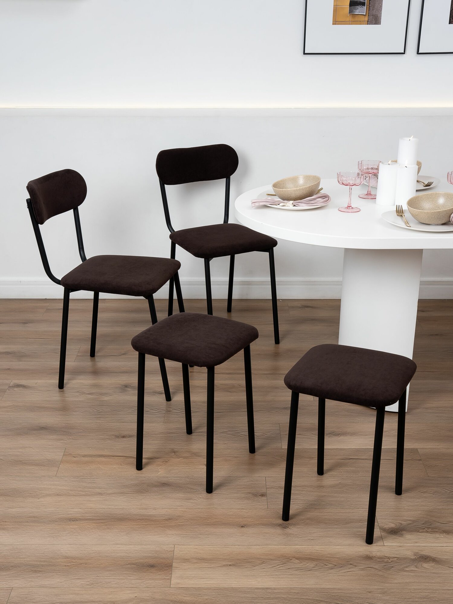 Стулья для кухни 2 шт и табурет 2 шт мягкие, комплект для обеденной зоны, велюр, 43 х 41 х 81 см, Коричневый