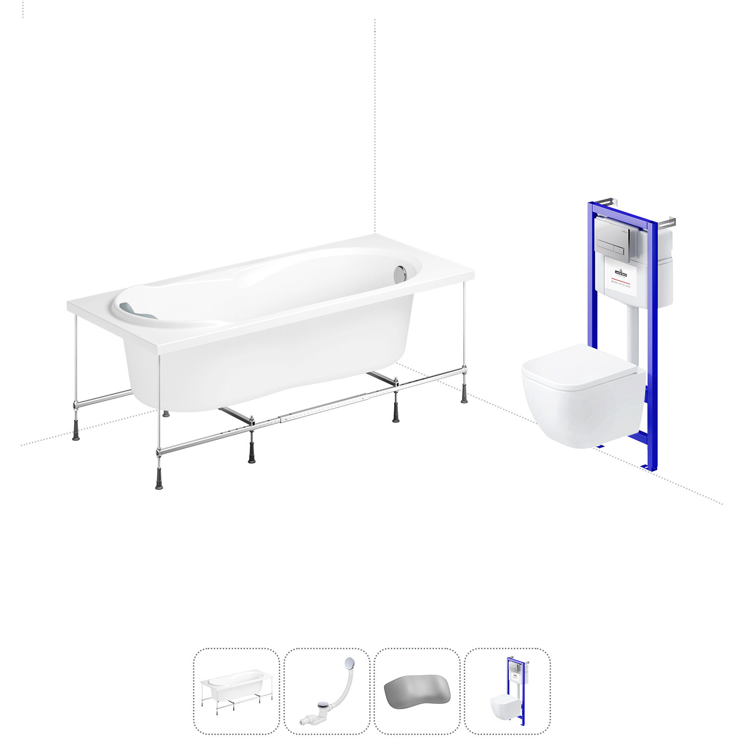 Акриловая ванна 150x70 с каркасом Lavinia Boho Easter Pro 20221141R в наборе 5 в 1: ванна, ножки, слив-перелив, подголовник, унитаз в комплекте