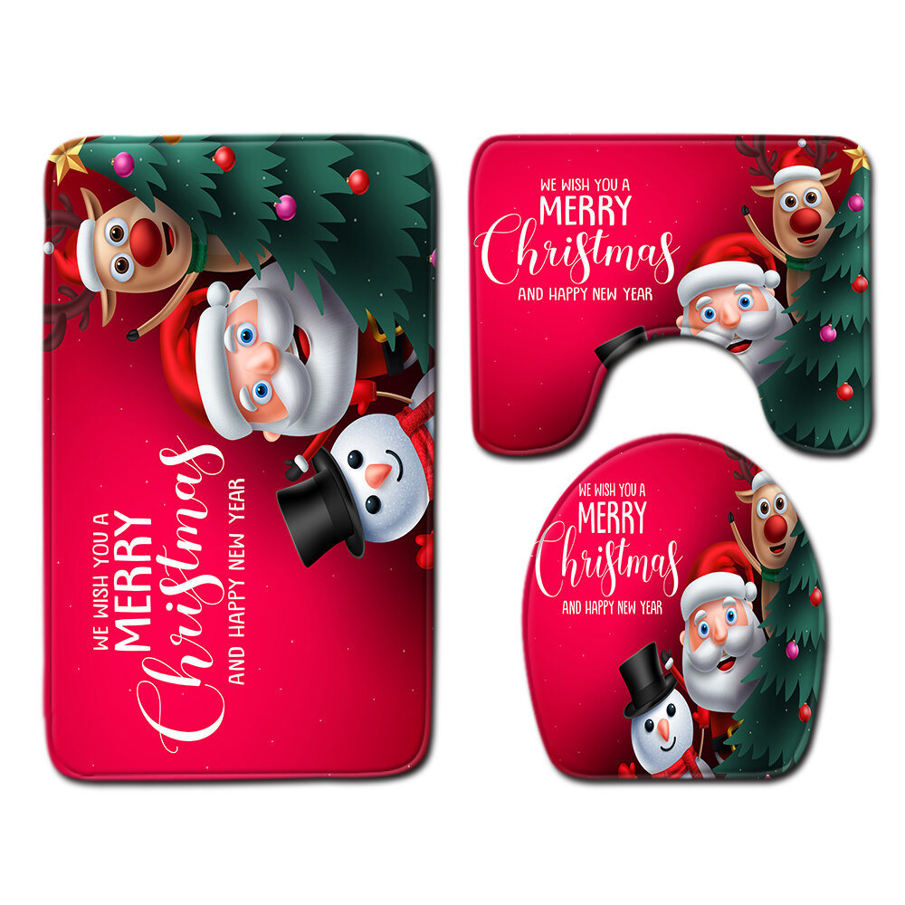 3Pcs/Set Набор Для Ванной Комнаты С Печатю Санта-Клауса В Новогоднем Стиле: Коврик Подножка, Накладка На Крышку Туалета И Ваннный Коврик, Не Промокающий, Материал Фланель + Пенопласт + Ненепромокающий ПВХ Дно