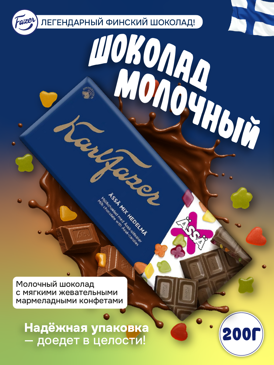 Молочный шоколад Fazer, с фруктовыми конфетами, бумажный пакет, 200 гр