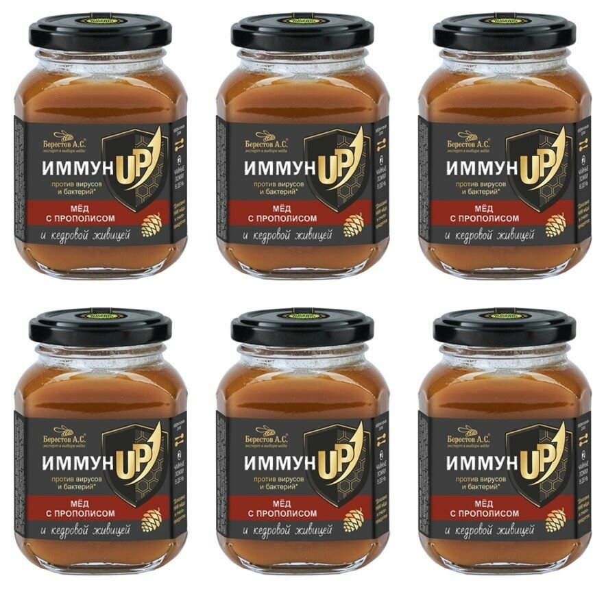 Берестов А. С. Мёд натуральный ИммунUP, с прополисом и кедровой живицей, стеклянная банка, 200 г, 6 шт