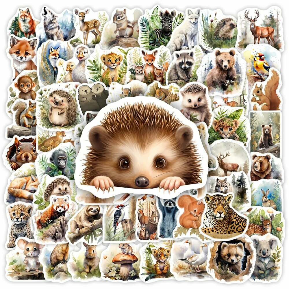 Наклейки лесные животные, акварель, 100 шт, цвет 60pcs