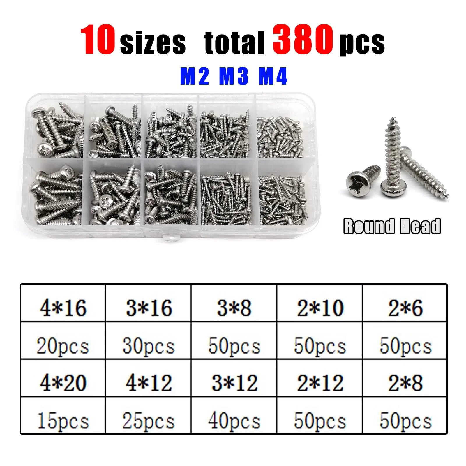 Набор саморезов HZYUEGOU GB845/GB846 нержавеющая сталь 304 разных размеров round 380pcs