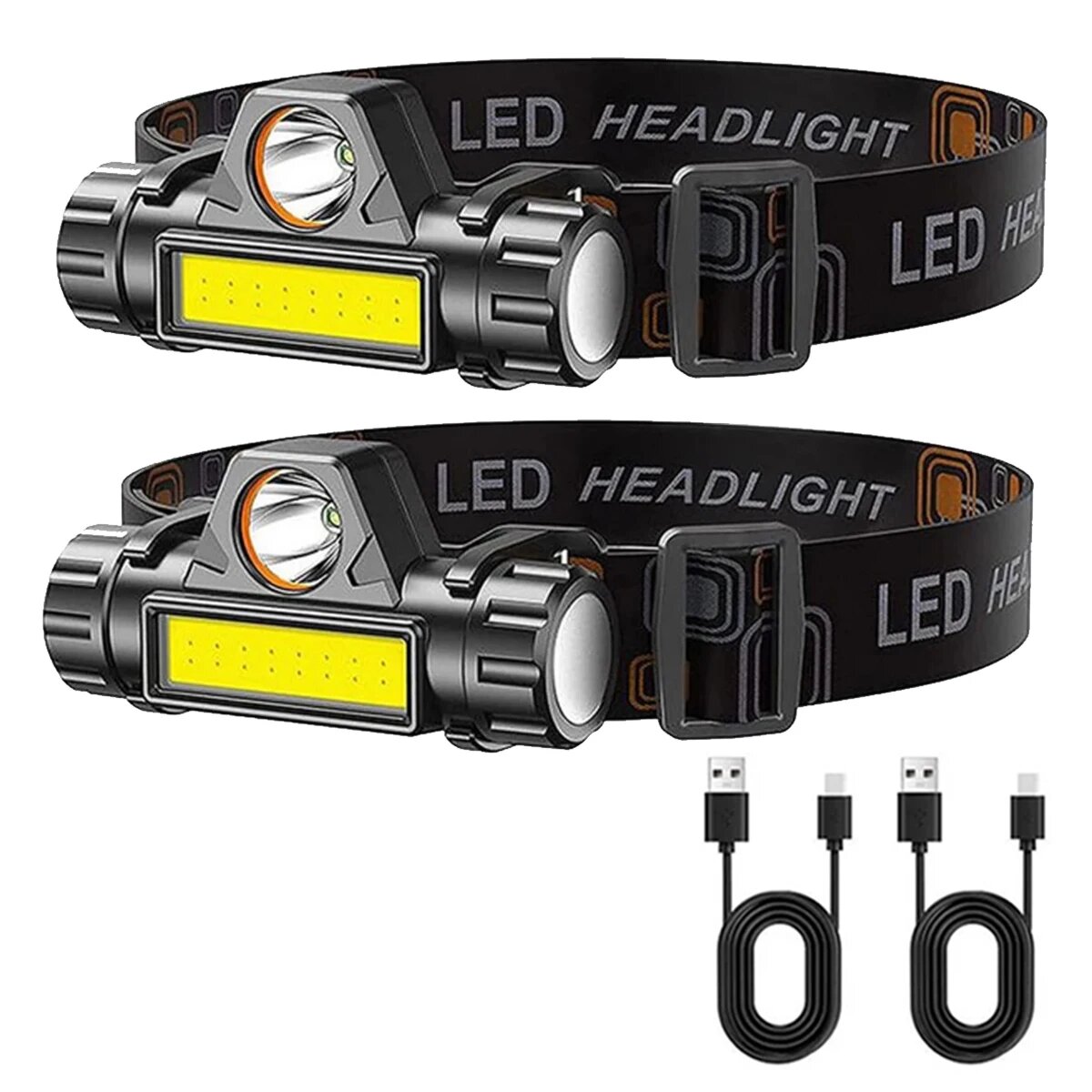 2шт Налобный фонарь LED перезаряжаемый, Светло-желтый