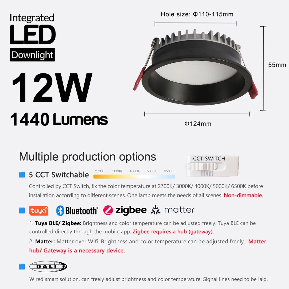 LINGYU Smart Потолочный светильник 5 CCT черный/белый 110/220В, AC 220V, Zigbee 2700-6500K, hole 115mm black