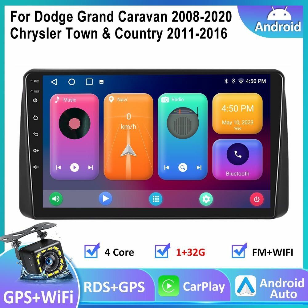 Магнитола для Dodge Grand Caravan 2008-2020 Chrysler Town & Country 2011-2016, Автомагнитола для Крайслер, Android 1+32GB 2din Мультимедиа Bluetooth FM WIFI Автомобильный
