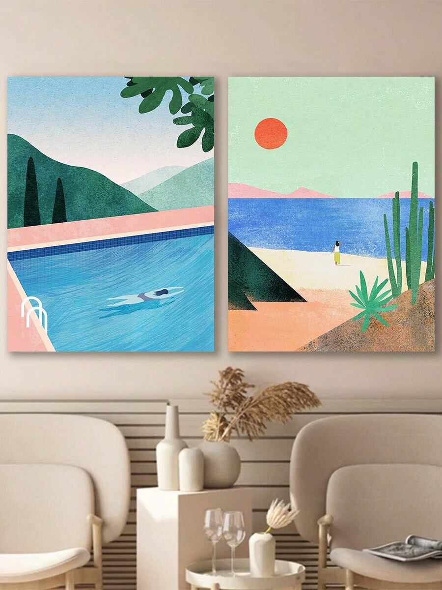 Картина модульная на стену / композиция из 2-х картин, "Природа, минимализм горы море лес абстрактное", 70х100 см.