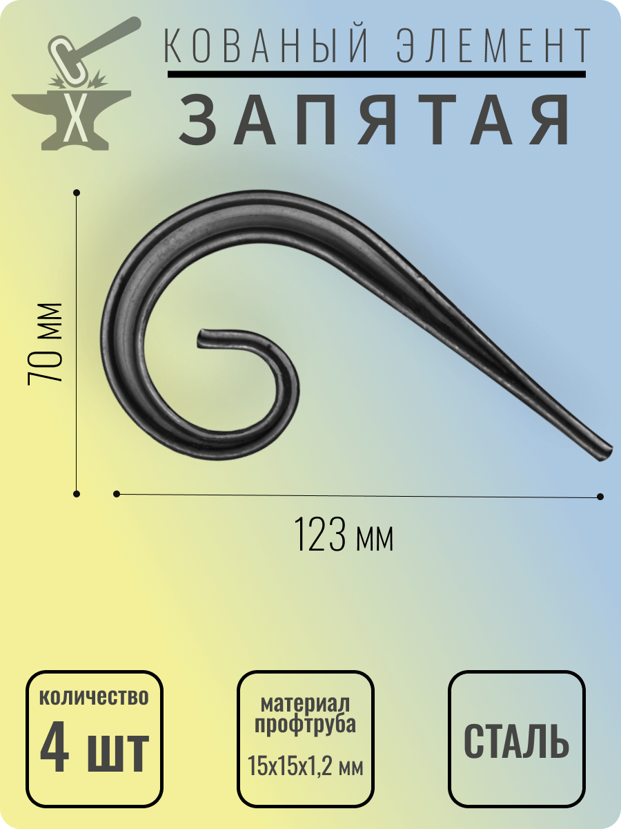 4 шт Кованый элемент Запятая. Размеры 123х70 мм. Профтруба 15х15х1,2 мм
