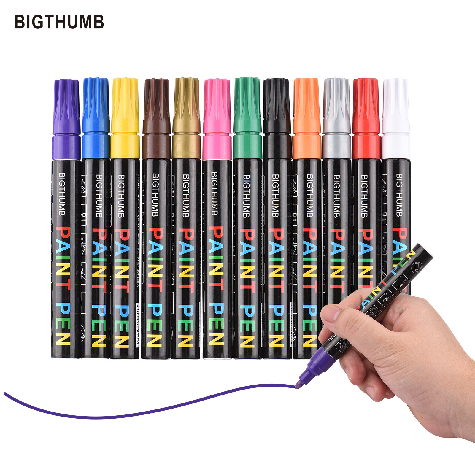 Набор маркеров BIGTHUMB из 12 цветов на масляной основе, водостойкие, быстросохнущие, для росписи камней, стекла, пластика, керамики, дерева, металла, для рукоделия и рисования практически на чем угодно.