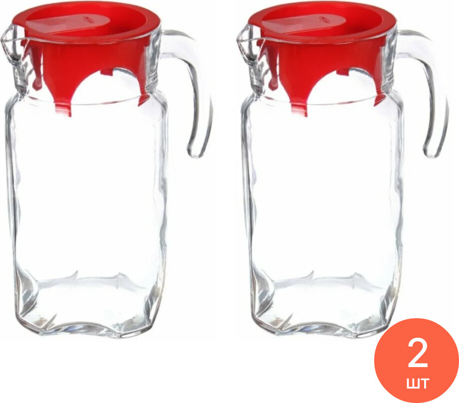 Кувшин для воды Pasabahce / Пашабахче Luna с крышкой красного цвета, стекло прозрачное 1.7л / графин для напитков / посуда для кухни (комплект из 2 шт)