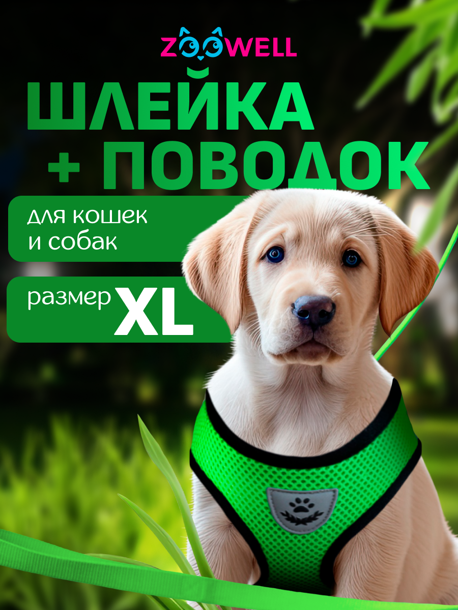 Шлейка с поводком для собак ZooWell универсальная, размер XL зеленая