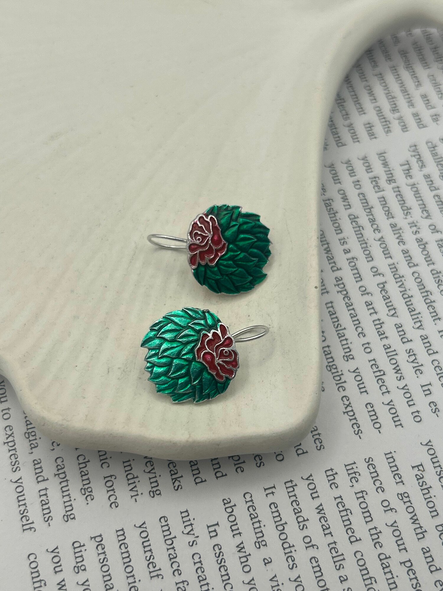 Советские винтажные серьги, Чайная Роза, эмаль