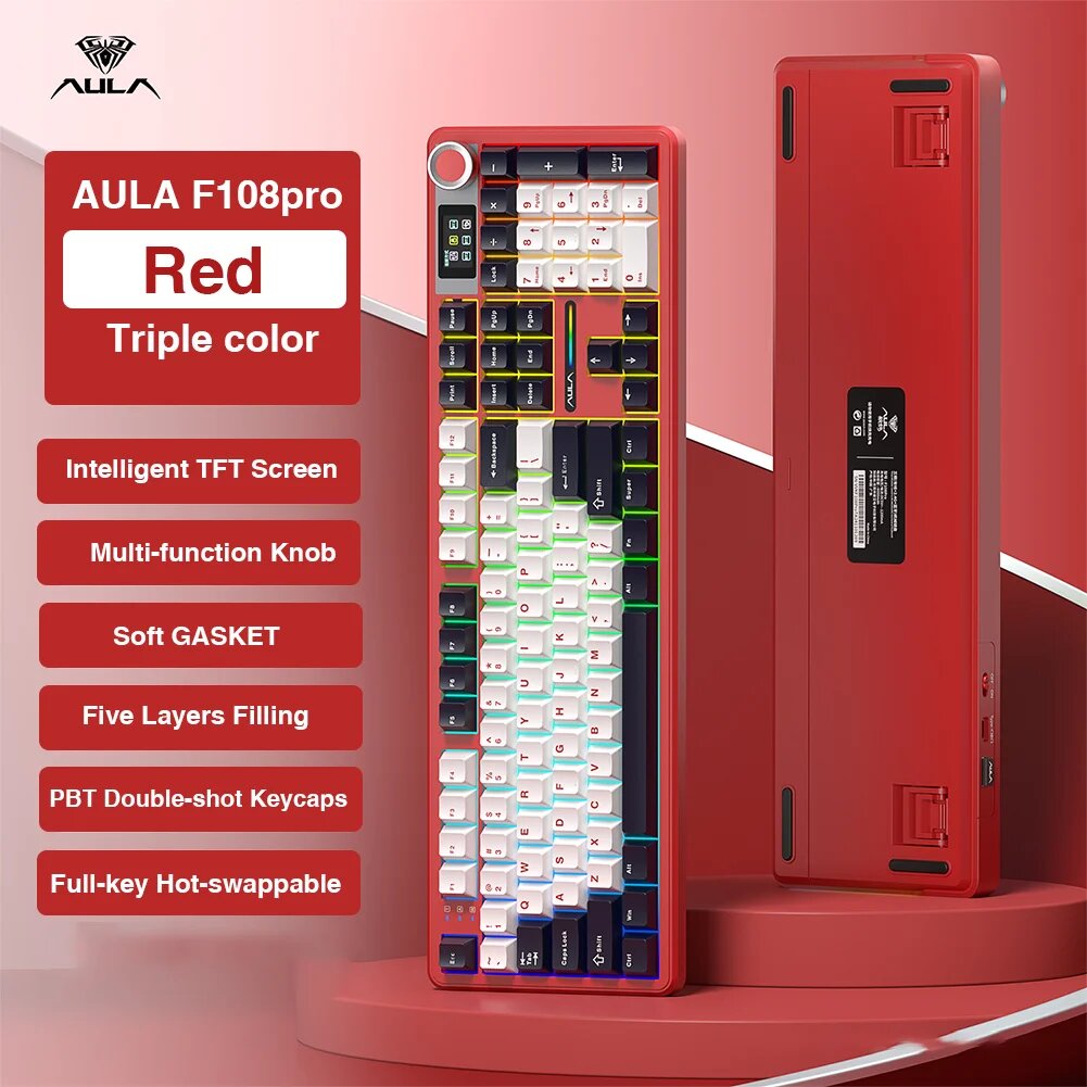 AULA F108 pro Беспроводная механическая геймерская клавиатура с дисплеем, Red, Wind Spirit switch