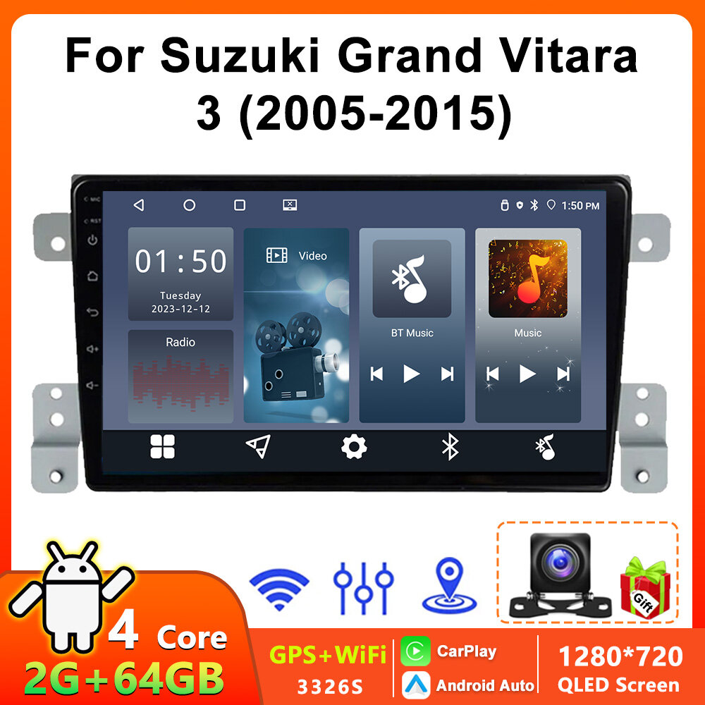 Автомагнитола Android подходит для Suzuki Grand Vitara 3 2005-2015, DSP, QLED, carplay/Android Auto, WiFi, Bluetooth
