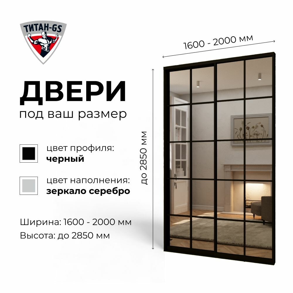 Двери купе для гардеробной и шкафов с делителями Титан-GS 2 створки в проем до 2000 мм на 2850 мм, профиль черный матовый зеркало серебро