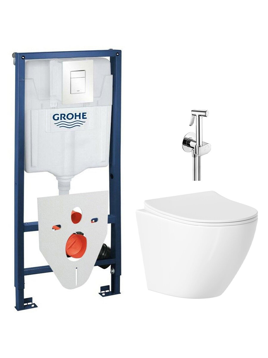 Инсталляция с унитазом и гигиеническим душем: унитаз Helmken 35490101, инсталляция Grohe, шумоизоляция, гиг. душ