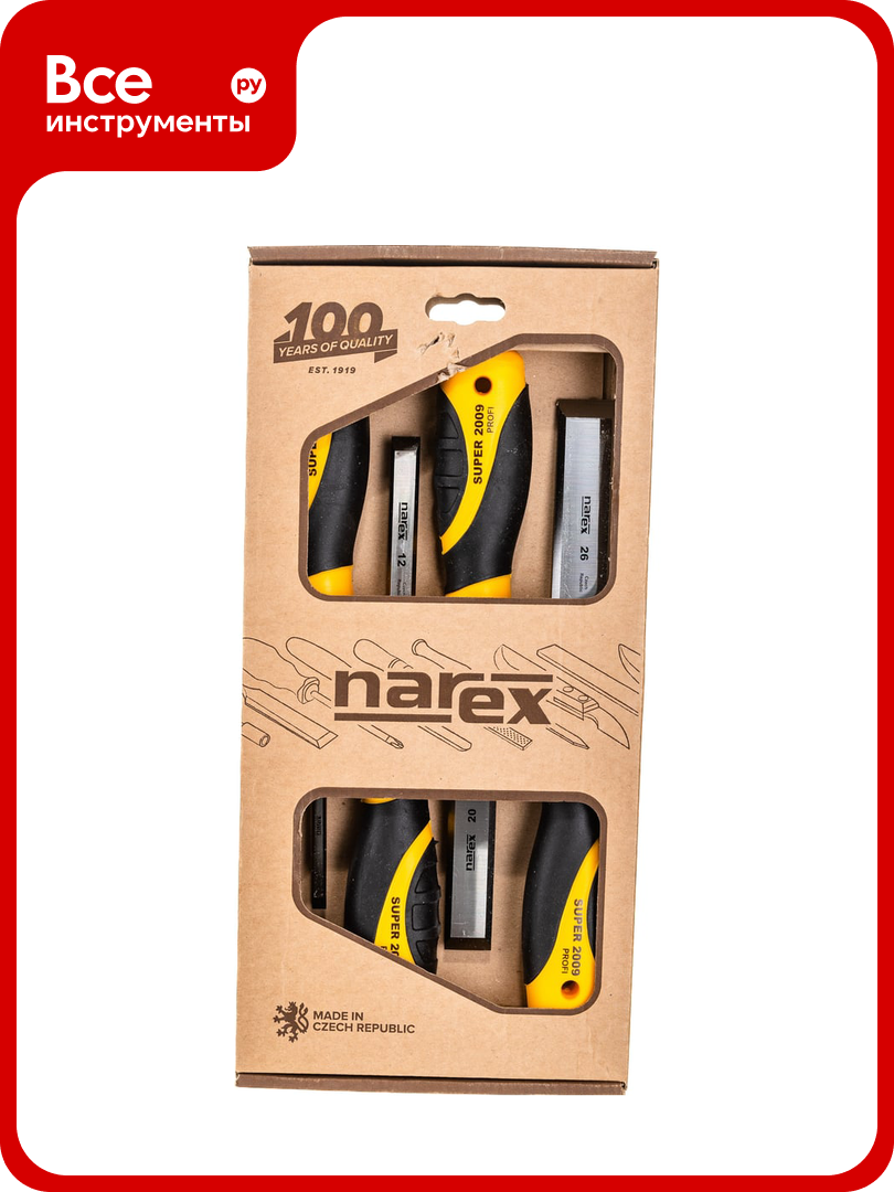 Набор из 4 плоских стамесок с ручкой NAREX SUPER 2009 LINE PROFI, из стали CrMn, с эргономичной рукоятью