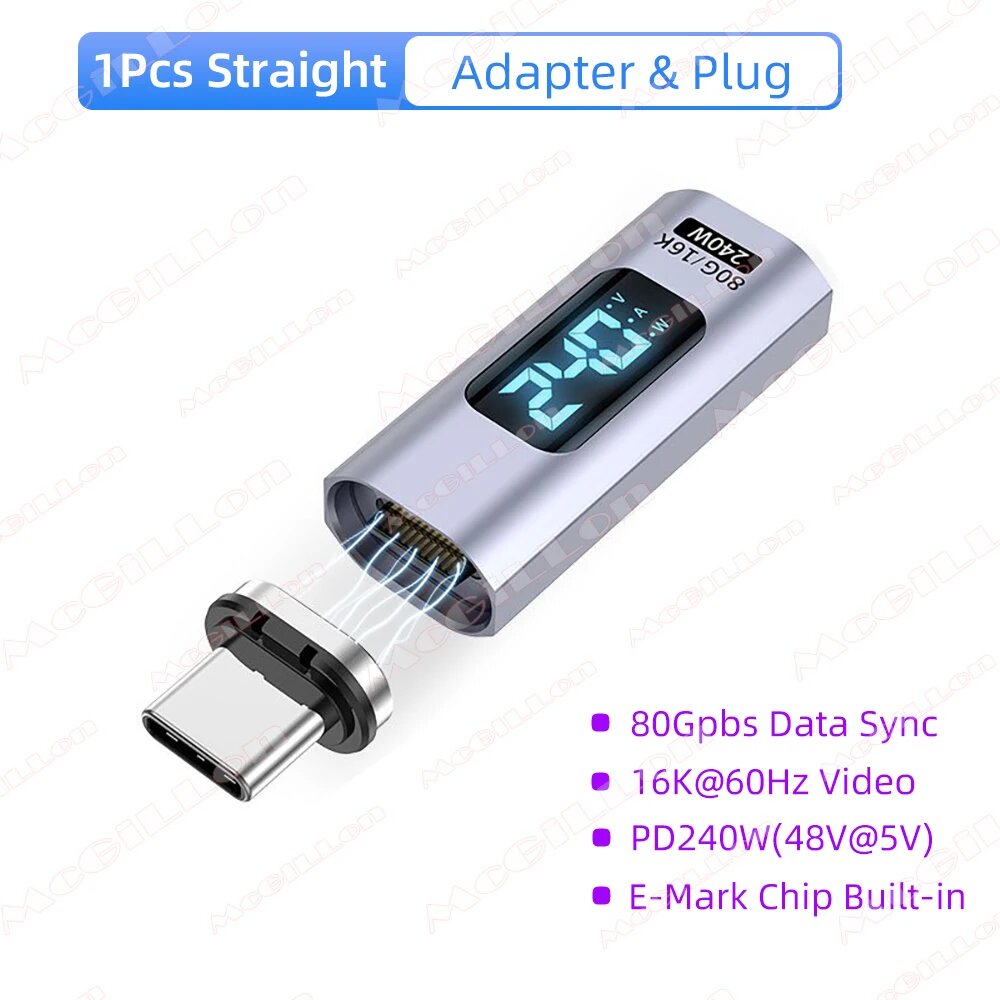 USB4.0 80 Гбит/с 240 Вт Thunderbolt 5 Магнитный адаптер типа C к USB C Магнитный преобразователь для быстрой зарядки Кабель 16K при 60 Гц 5A Адаптер типа C, Straight Adapter