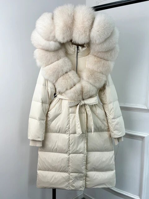 MOOCIE Новая зимняя длинная куртка-пуховик Janveny с капюшоном, женская, теплая, с утолщенным воротником из натурального лисьего меха, белая, на гусином пуху, водонепроницаемая, парки