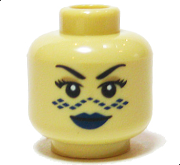 Minifigure, Head Female Black Eyebrows, Eyelashes, Dark Tan Eye Shadow, Dark Blue Lips and Markings, Grin Pattern, 3626pb0410 Tan N
