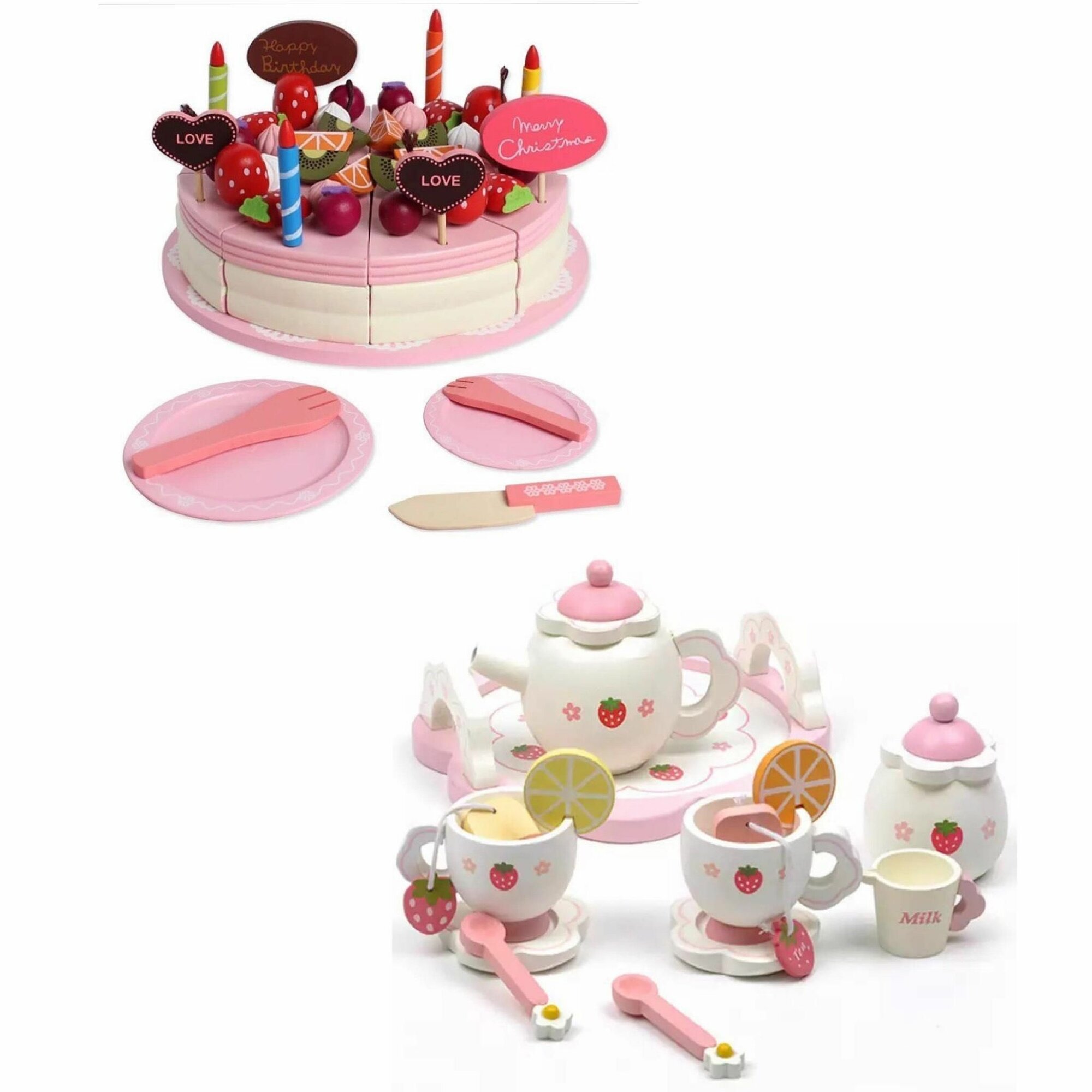 Игровой детский деревянный набор "торт+чайный набор" для детской кухни, подарок девочке, деревянная посуда, игрушечная еда
