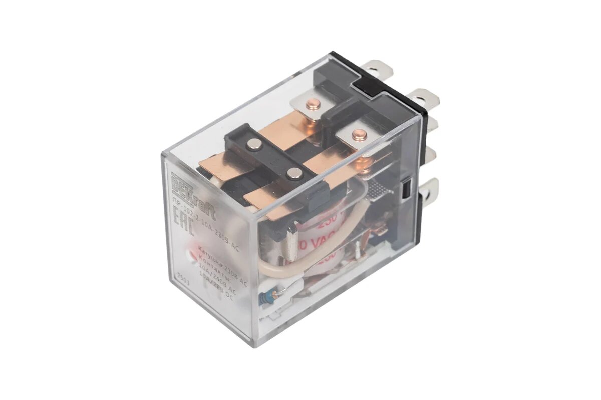 DEKraft промежуточное реле, 2 контакта, с LED индикатором, 10 А, 230 В AC, пр-102, 23917