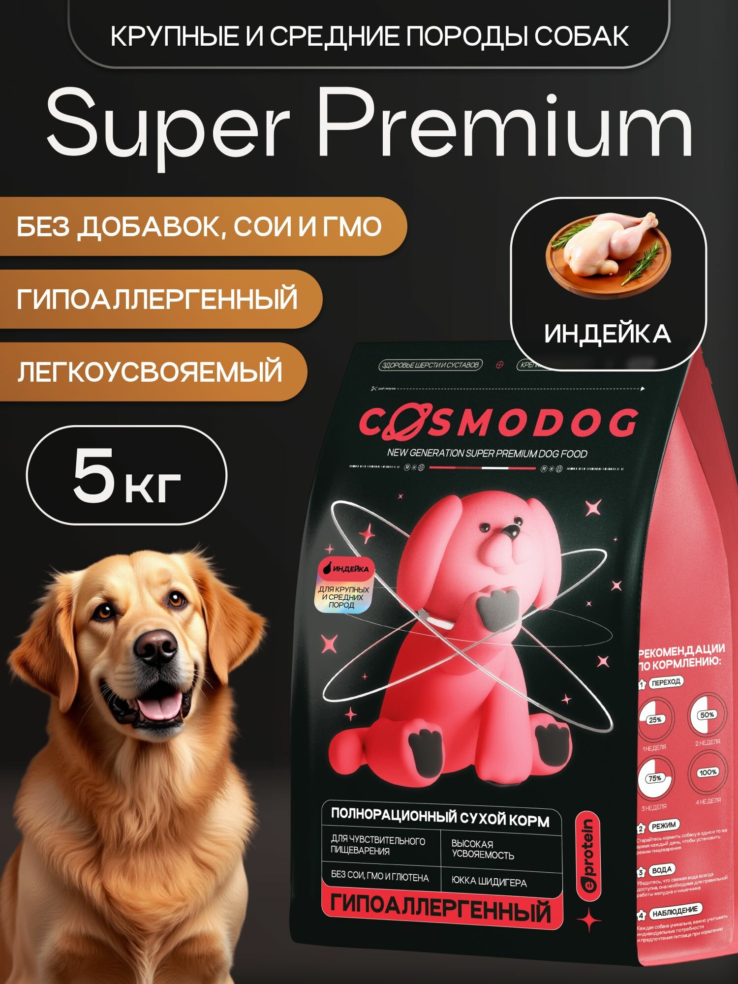 Корм для собак сухой с индейкой 5 кг Cosmodog гипоаллергенный холистик супер премиум-класса для крупных и средних пород