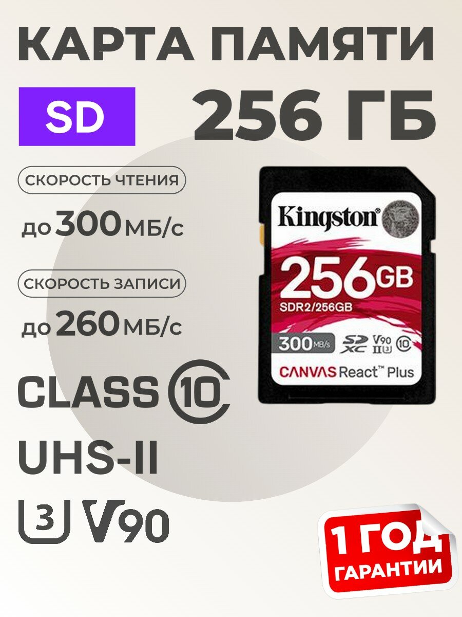 Карта памяти Kingston Canvas React Plus SD 256 ГБ (SDR2/256GB) для профессиональных кинокамер