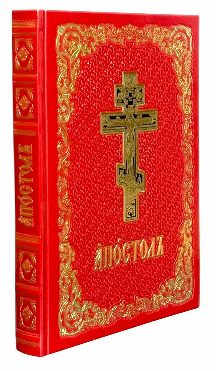 Апостол в кожаном переплёте на ц/сл, б/ф: подарочное издание (красный, золотой обрез, тиснение)