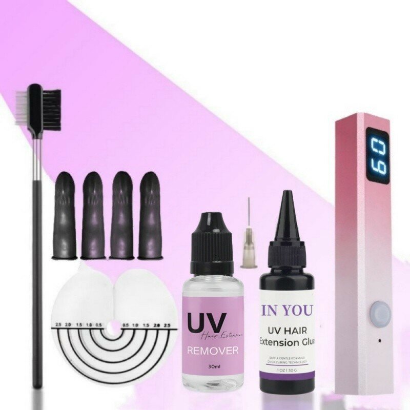 Набор Для Наращивания Волос 30 Г Клея, Средство Для Снятия, Инструменты И Лампа Для UV-наращивания, Быстрый И Невидимый Набор Для Удлинения Волос