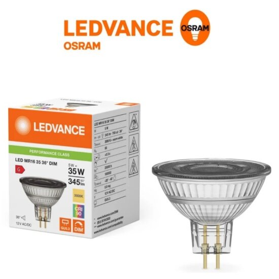 Светодиодная лампа Ledvance-osram LEDVANCE LED MR16 35 DIM P 5W/930 GU5.3 36° 12V GU5.3 345Lm Ra90 стекло