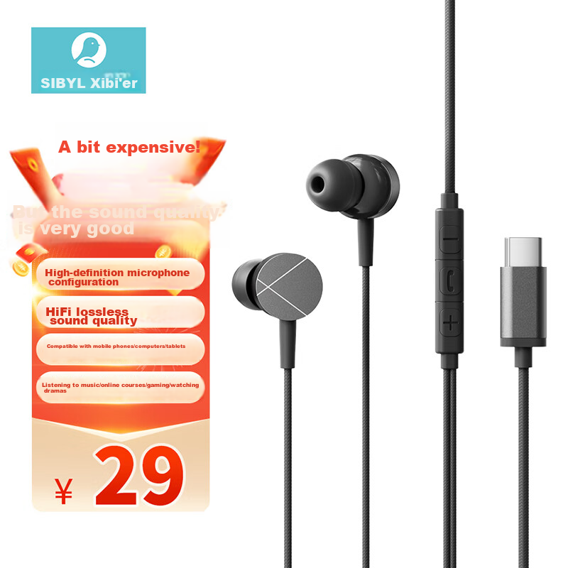 Sibyl [Compensation for Damaged Package] Wired Earphones, In-Ear Type-C Flat Plug, Gaming Noise-Canceling High-Quality Sound, Laptop Karaoke with Microphone, for PUBG