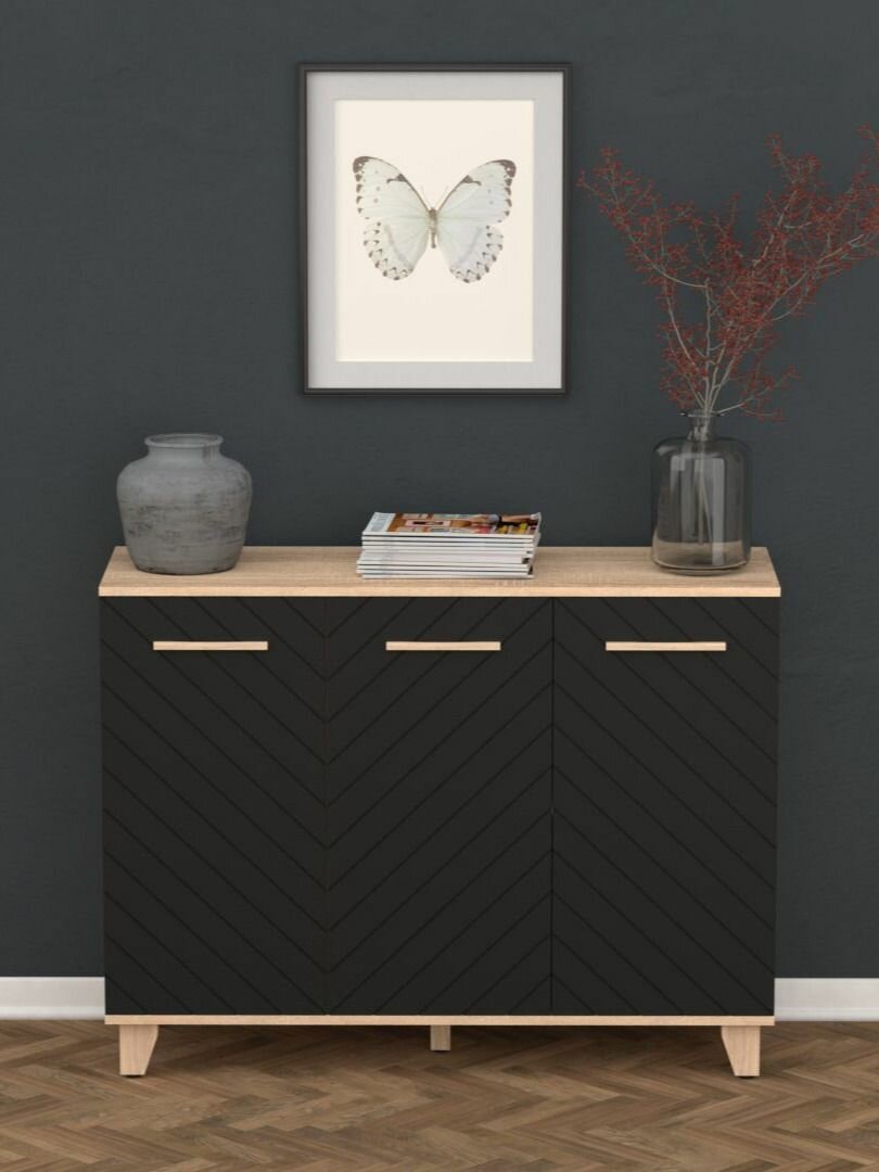 Комод с дверцами Стокгольм Дуб Сонома / Черный матовый (12 Стульев)