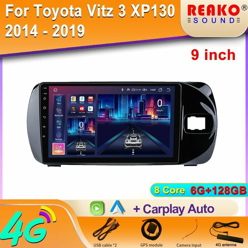 Магнитола для Toyota Vitz 3 XP130 2014-2019 , с камерой заднего вида. IPS экран 9 дюймов, Wifi 2din с сенсорным экраном, usb и блютузом.