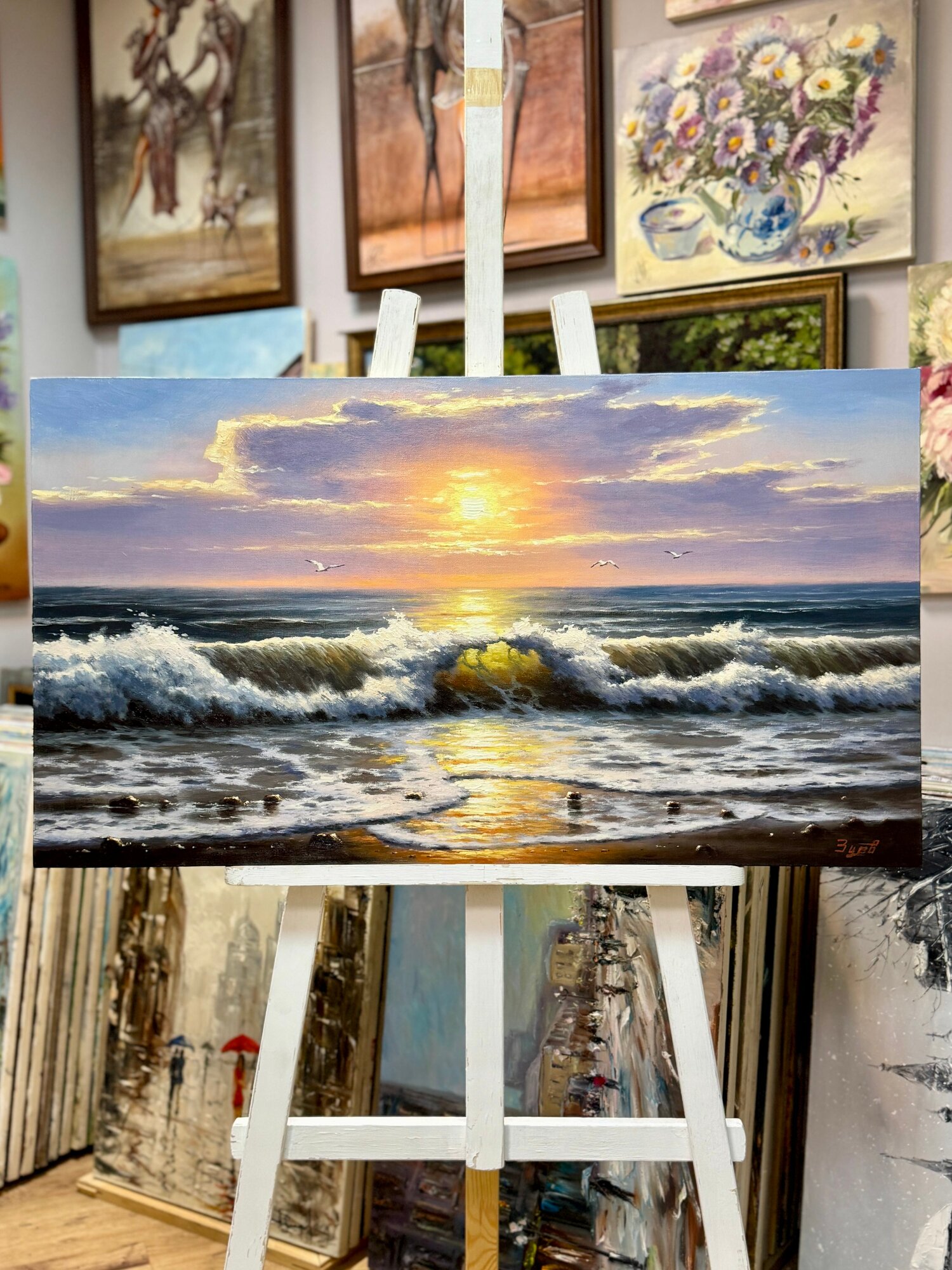 Картина маслом морской пейзаж, восход солнца, чайки море. 50х90 см. Художественная мастерская Грезы.