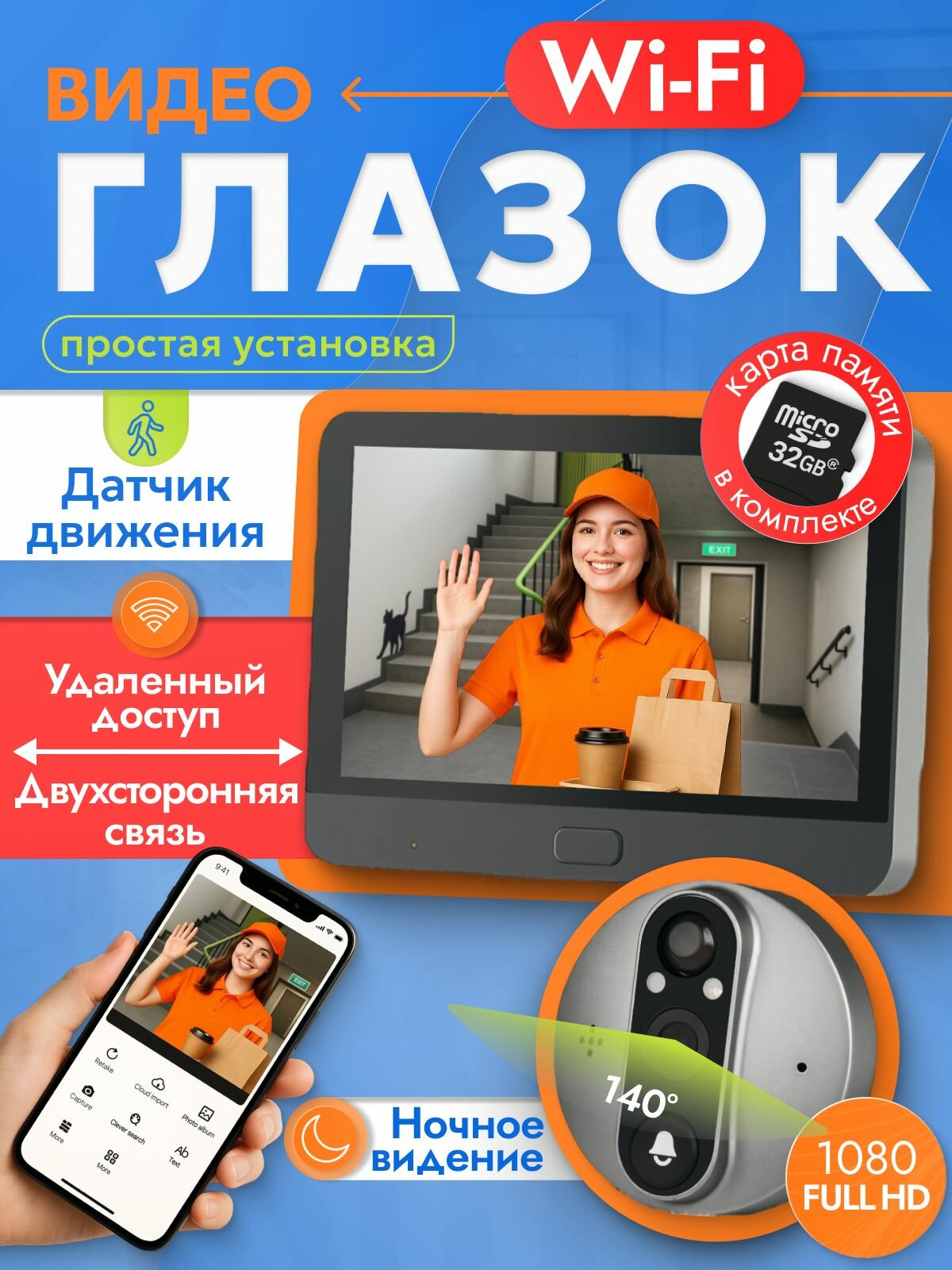 Видеоглазок для входной двери с записью и датчиком движения Wi-Fi, беспроводной Full HD, 4.3