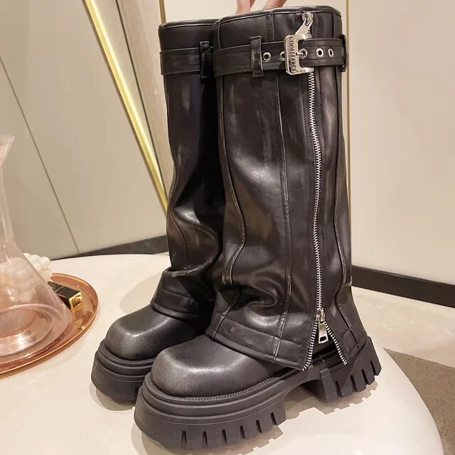Сапоги до колена на платформе, женские, панк, с пряжкой на ремне, квадратным носком, с молнией, готическая обувь для женщин