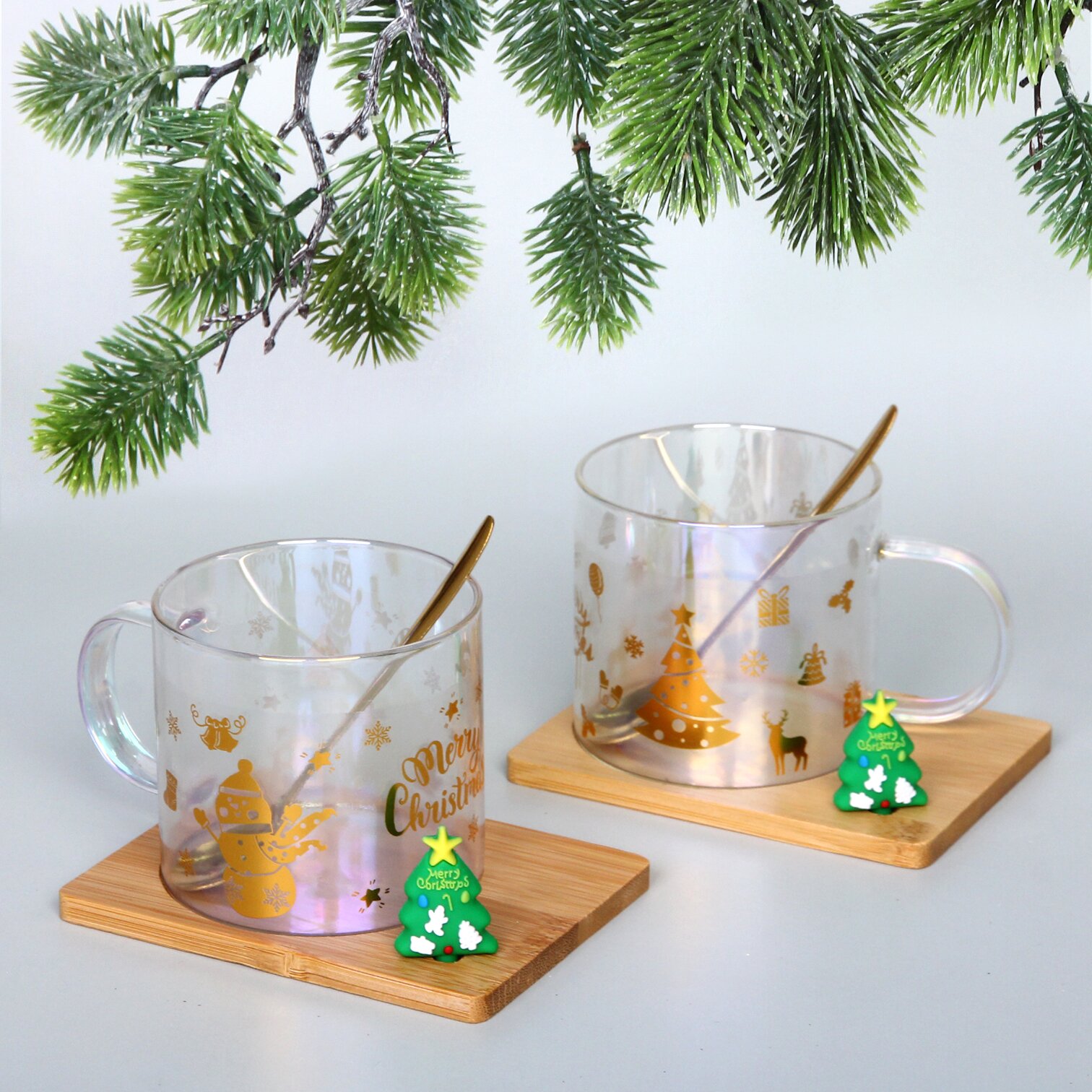 Кружка стеклянная 250мл "Зимняя сказка", 1 шт, с бамбуковой подставкой и ложкой, прозрачная