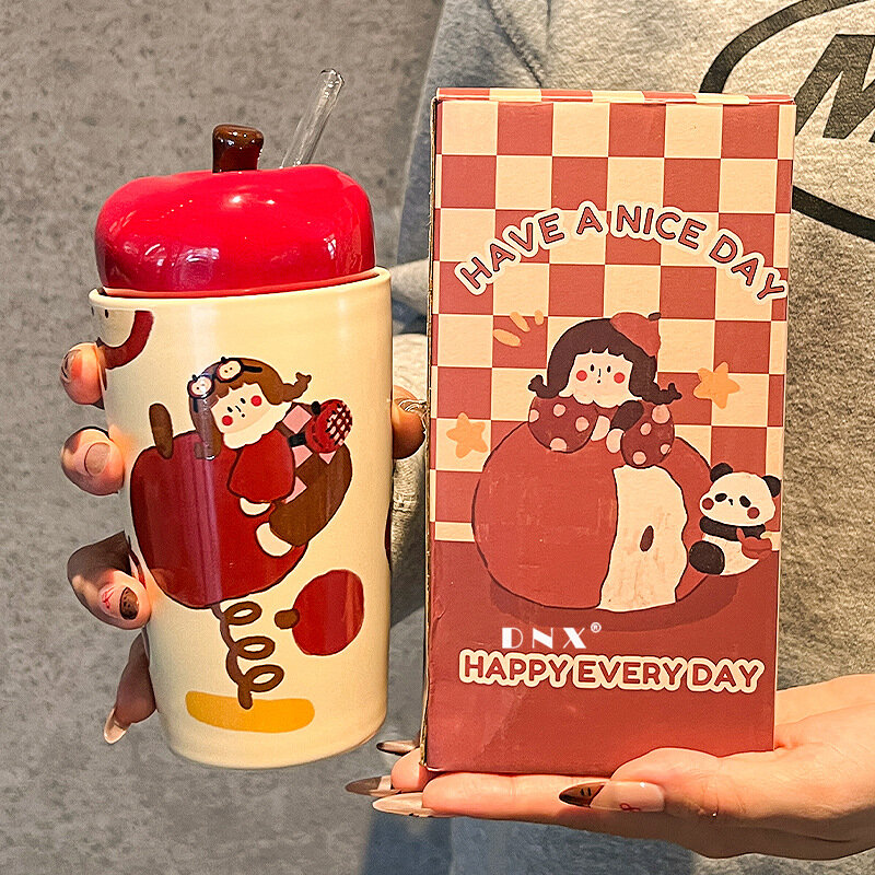 Керамическая кружка Apple Girl с крышкой для девушки, подарочная офисная кофейная чашка, милая чашка для воды с трубочкой