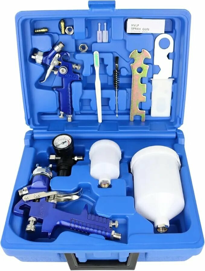 Комплект пневматического краскопульта, краскопульт с гравитационной подачей, с воздушным затвором и манометром