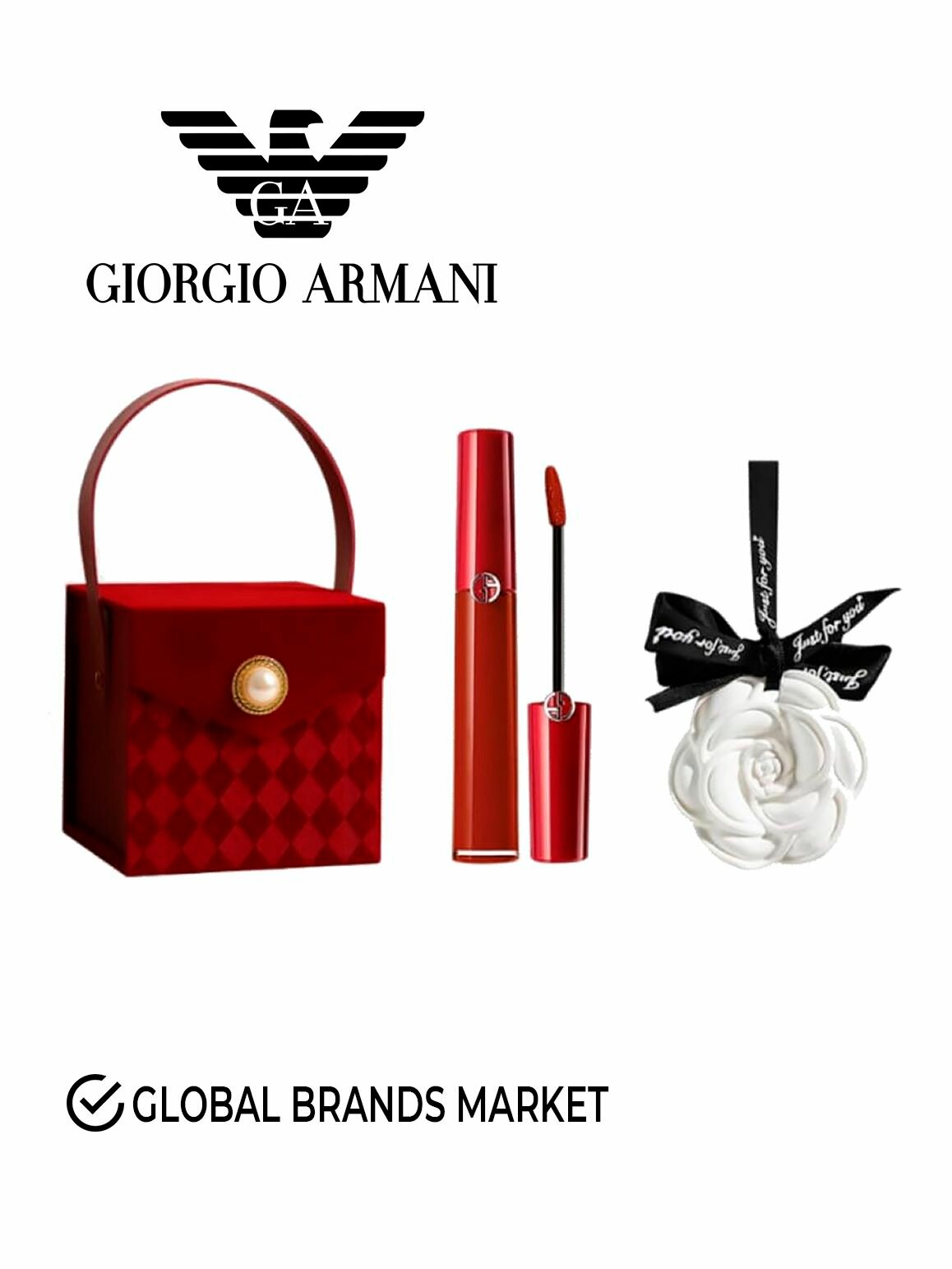 Подарочный набор: помада Armani Lip Maestro 405 Sultan, арома кулон "White Camellia", подарочная сумка-коробка