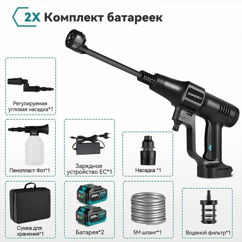 Мойка высокого давления аккумуляторная YOFIDRA для автомобиля с двумя аккумуляторами, вращающаяся на 360 градусов насадка