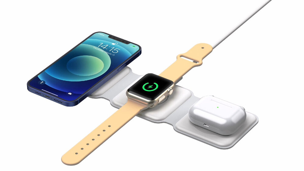 Магнитное беспроводное зарядное устройство 3 в1, складная, зарядная станция Magnetic Wireless Charger, зарядка для телефона, для наушников, для часов. Белая