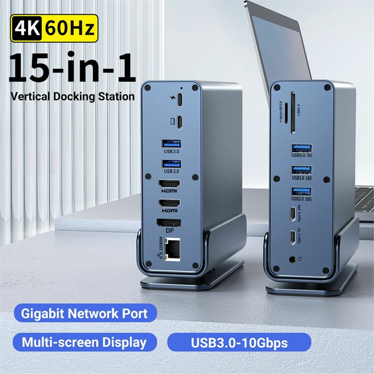 Док-станция USB-C 15-в-1, вертикальный концентратор 4K HD с тремя мониторами