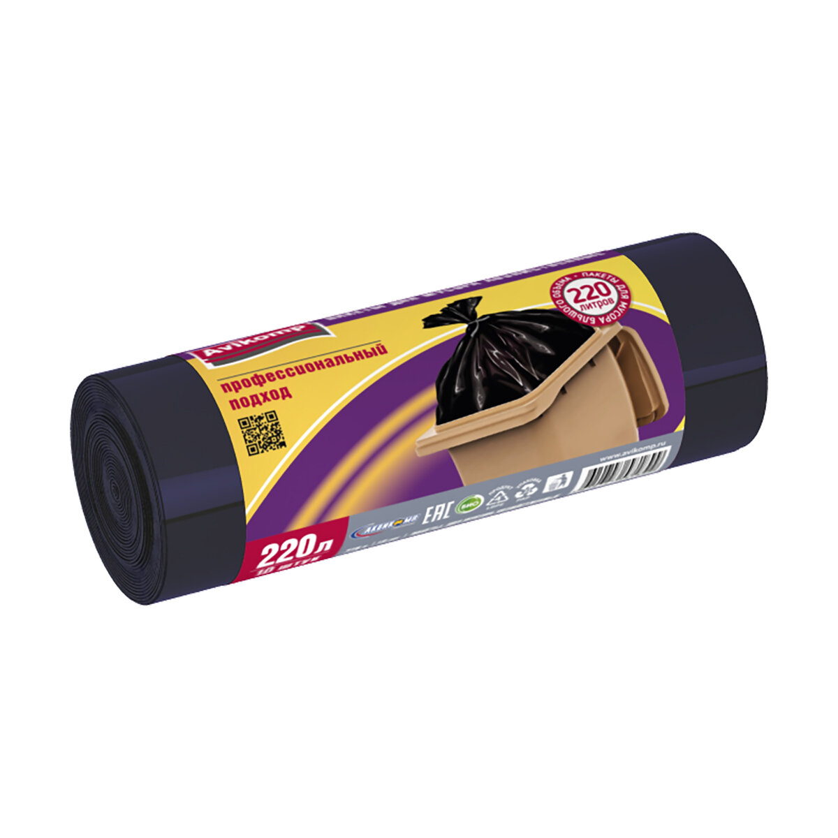 Мешки для мусора Avikomp Professional, 39 мкм, 220 л, рулон 10 шт, черные