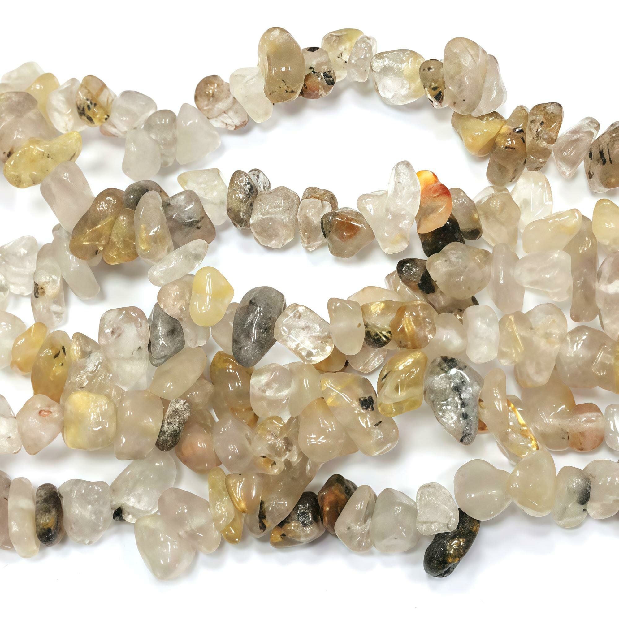 Бусины каменные, кварц, рутиловый, 3-10мм, сколы, 220 шт, низка