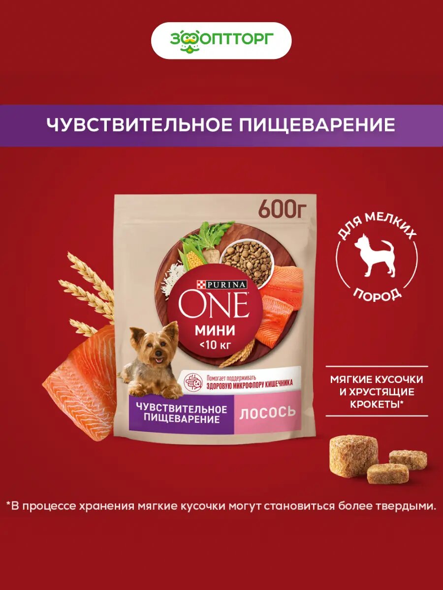 Сухой корм Purina One Мини "Чувствительная" для взрослых собак мелких пород с чувствительным пищеварением Лосось, 600 г.