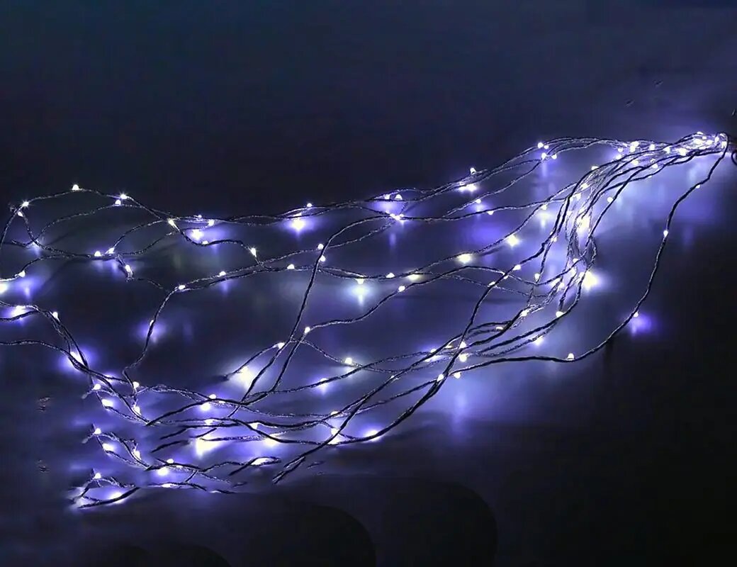 Электрогирлянда конский хвост, 200 холодных белых mini-LED ламп, 15*1.5+1.5 м, провод-проволока+серебристый шнур, BEAUTY LED